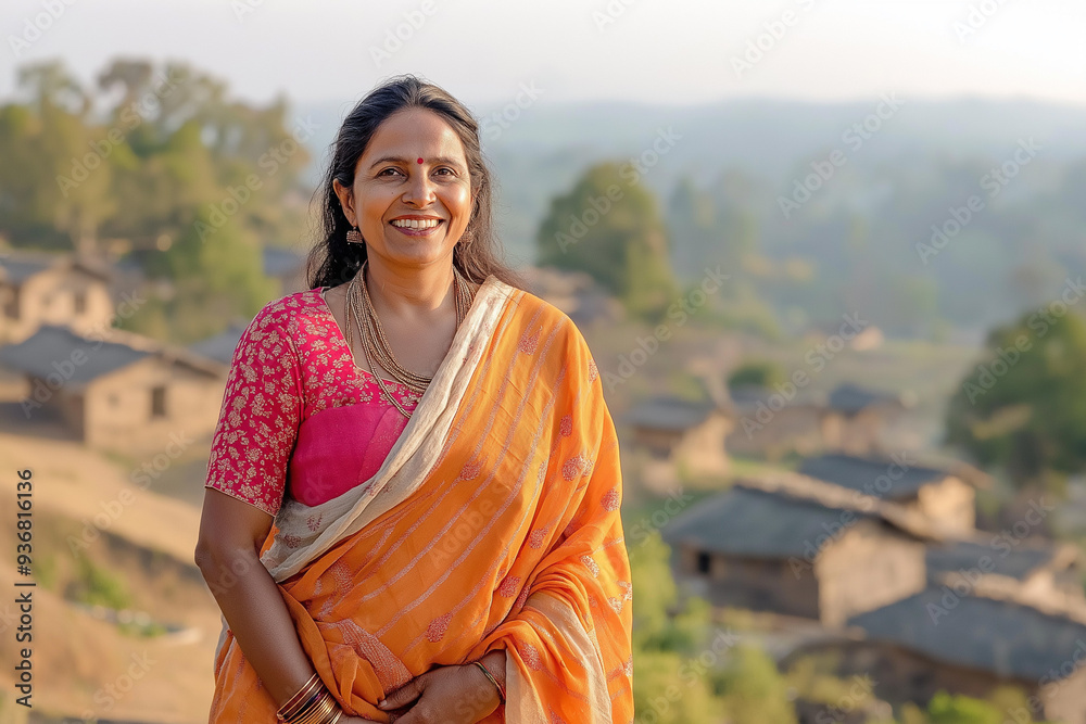 happy indian woman in traditional indian dress sari and bindi on ...
