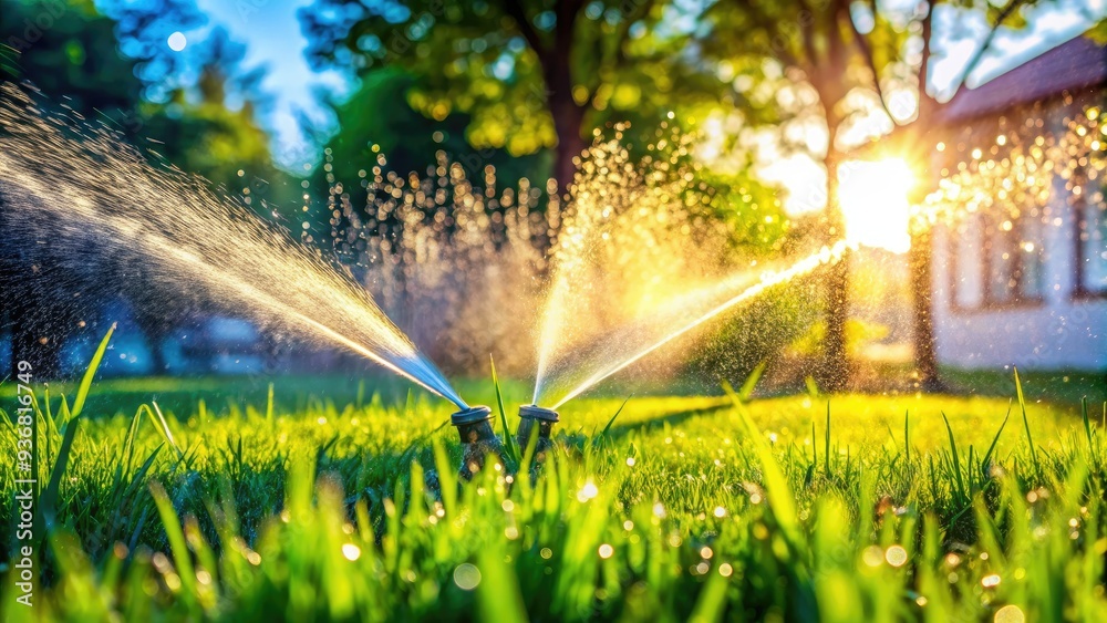 Vibrant green lawn being watered on a sunny spring morning, with ...