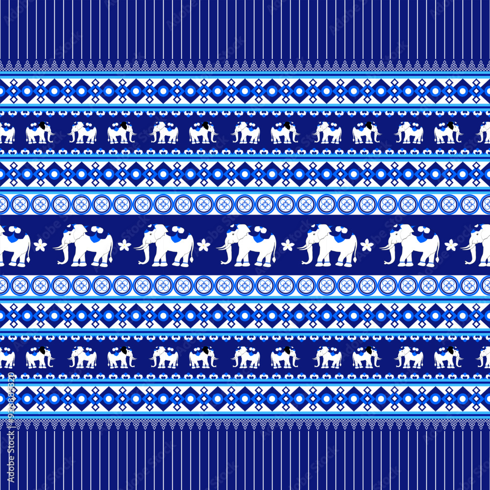 Thai Elephant Pattern, Blue-White Theme Colors, Native Thailand Fabric ...