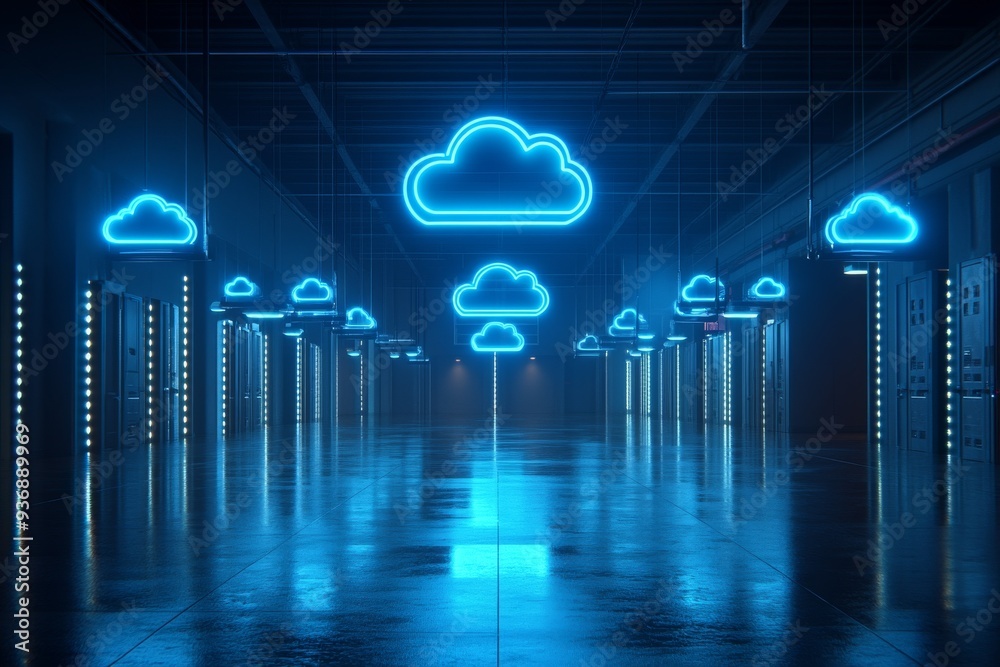 Data center with glowing blue cloud icons symbolizing the power and ...