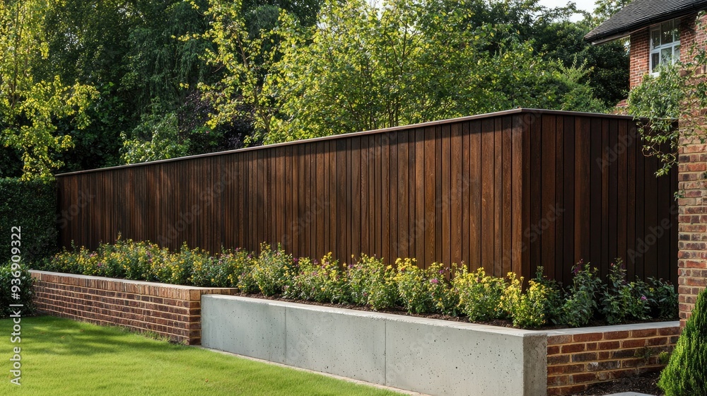 Featheredge garden fence with a concrete foundation and brick wall ...