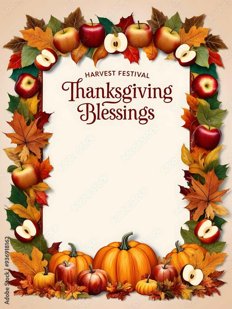 Thanksgiving Blessings Border Frame with Apples, Pumpkins, and Autumn ...