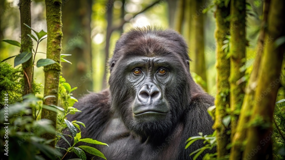 Big gorilla hiding behind trees in the forest, seen from a low angle ...