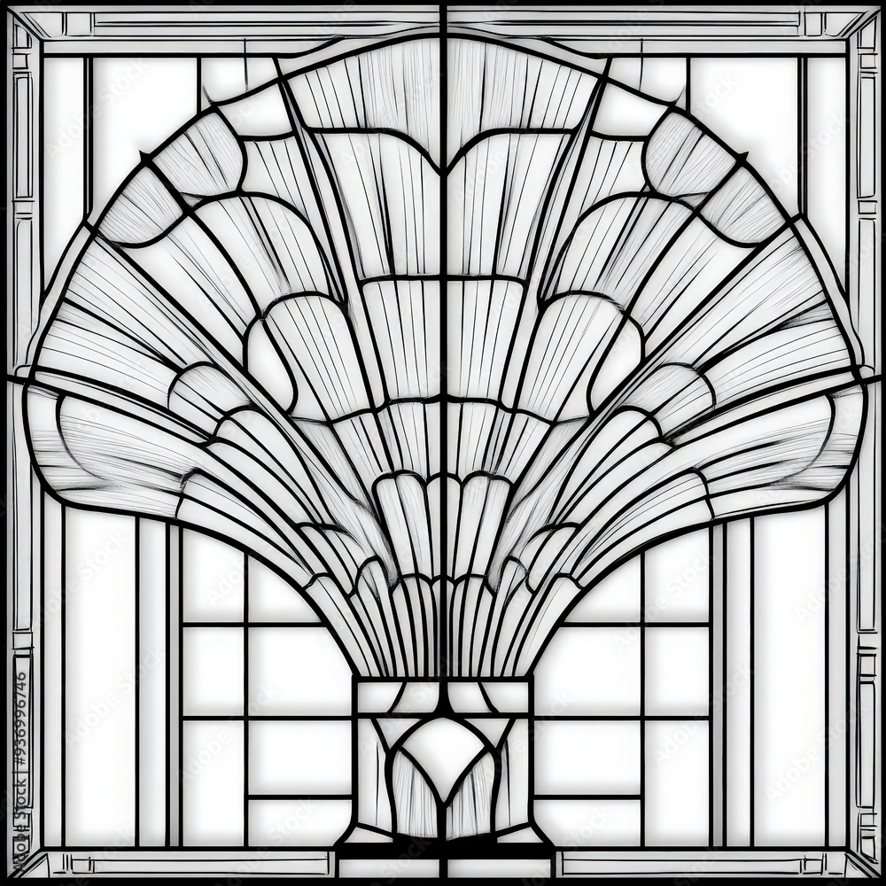Elegant Art Deco Stained Glass Window Pattern in Black Outline Drawing ...