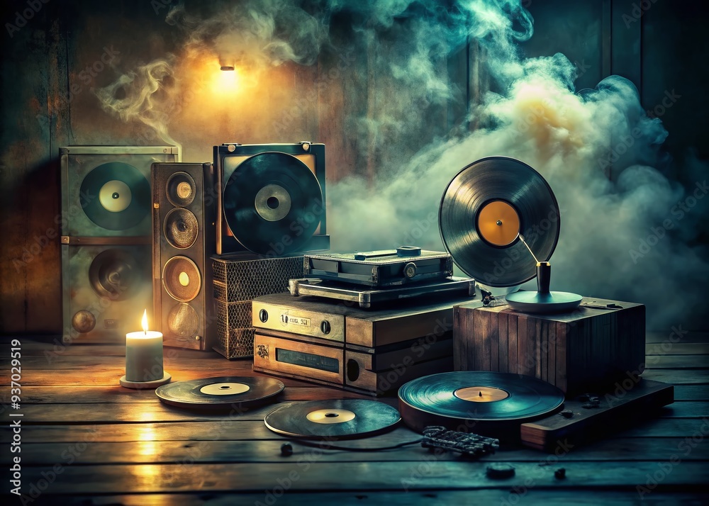 Vintage distressed nostalgia overwhelmed vinyl records VHS tapes moody ...