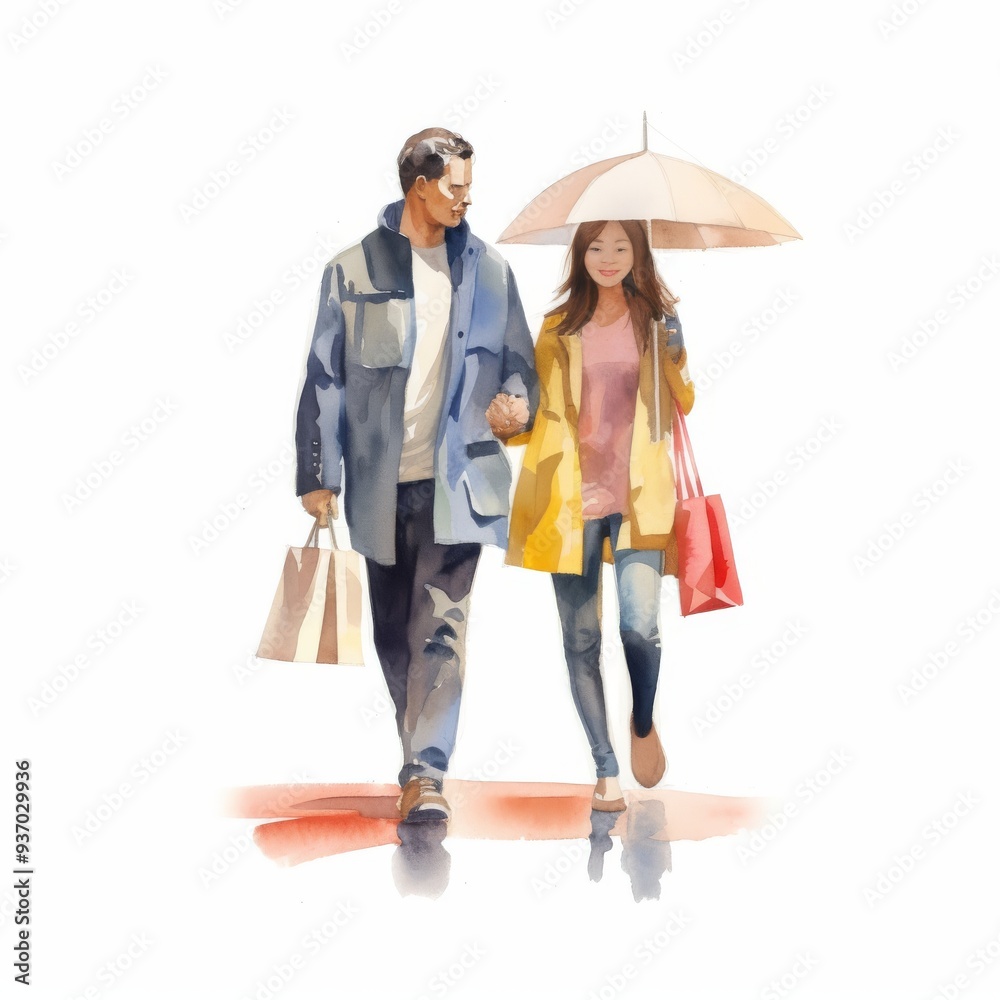 Couple Shopping Under the Umbrella Illustration - A Romantic and ...