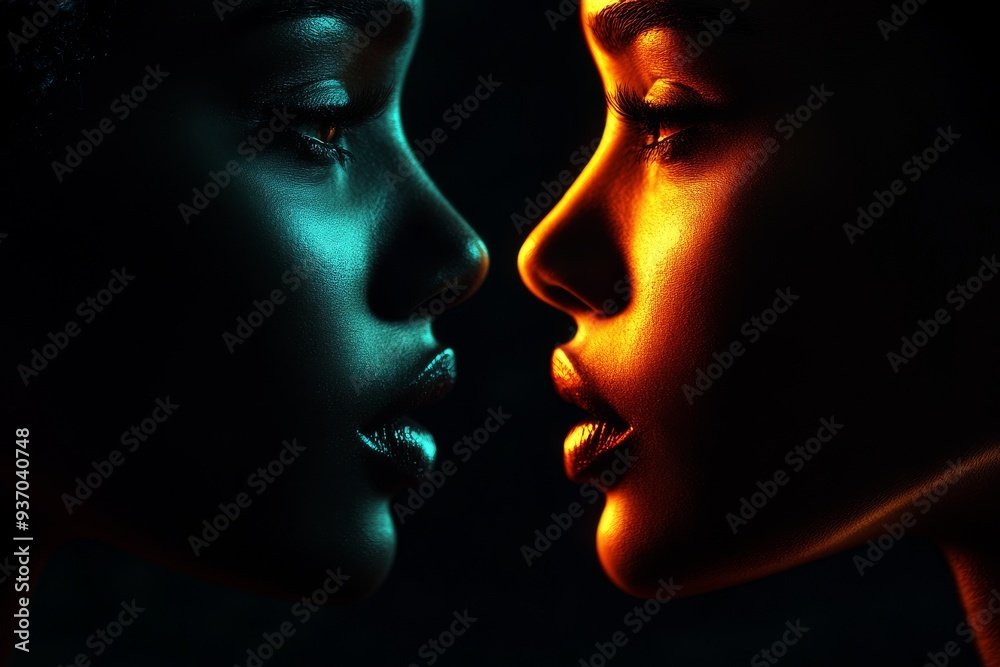 Two women with contrasting light on their faces symbolizing the duality ...