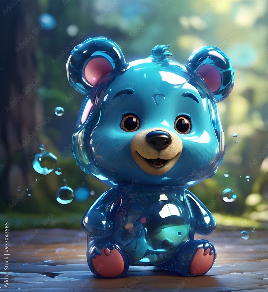 playful bear character with big ears and a friendly face, encased in a glossy blue bubble, ideal ...