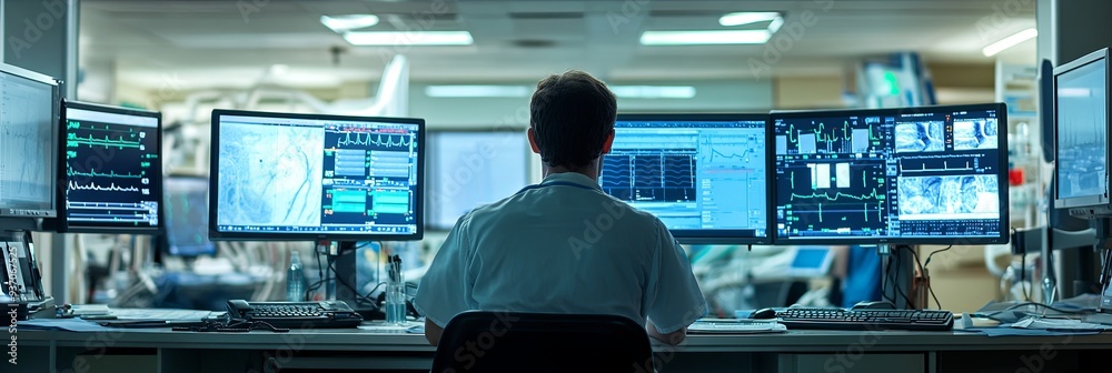 Monitors display vital signs in a bustling ER. digital vigilance ...