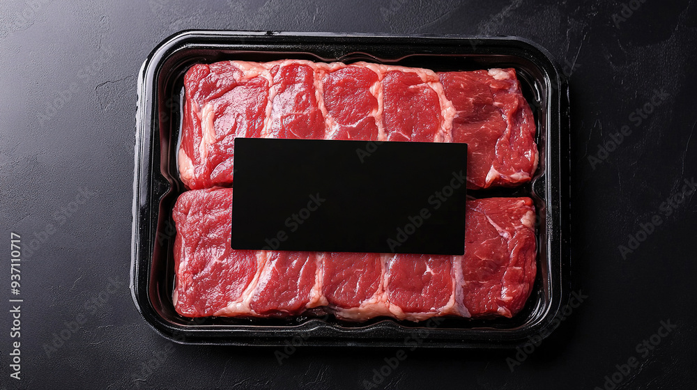 Plastic packaging of beef with a blank black space for product ...