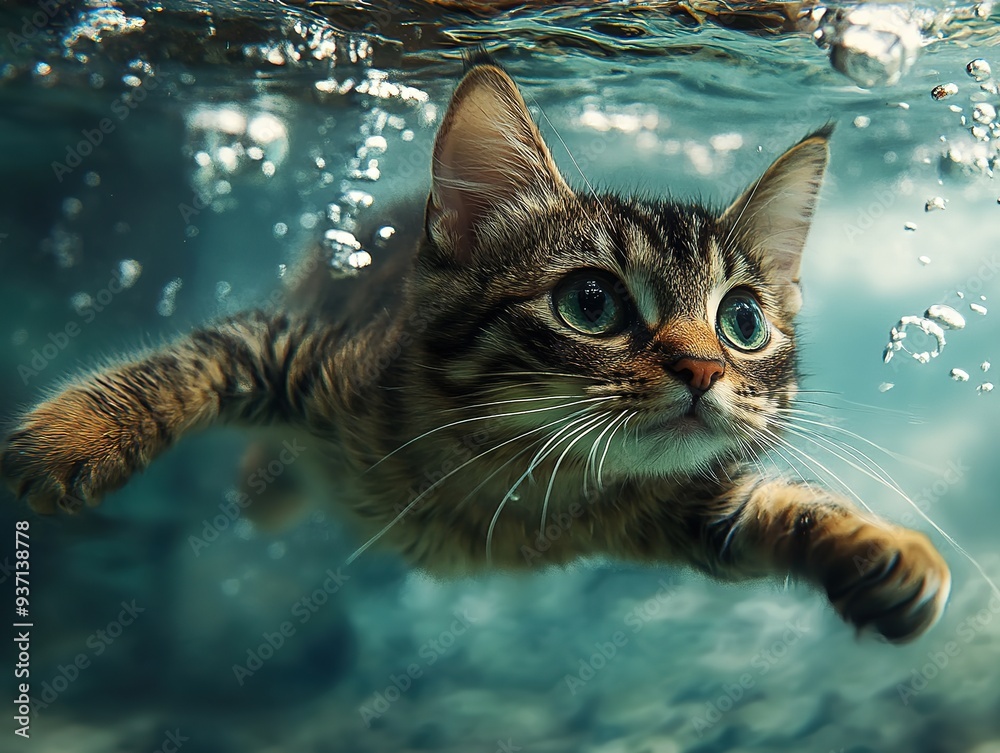 Adventurous feline exploring the depths, a cat swimming underwater with ...