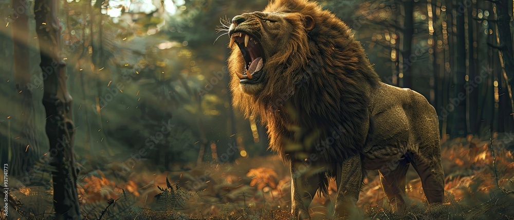full body portrait of a prehistoric lion-like creature roaring in the ...
