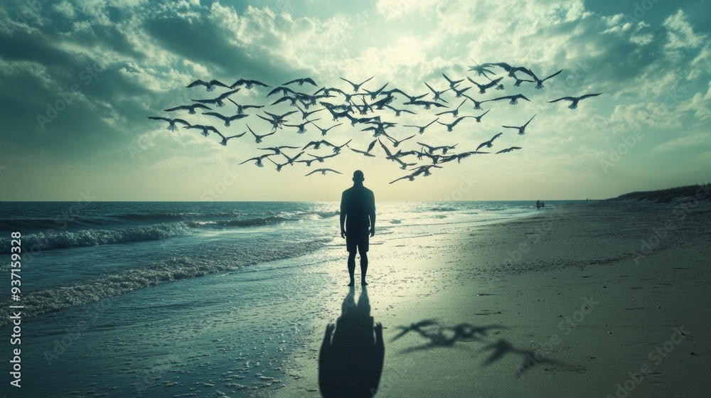 Shadow Flight. Man’s Shadow Transforming into Soaring Seagulls Stock ...