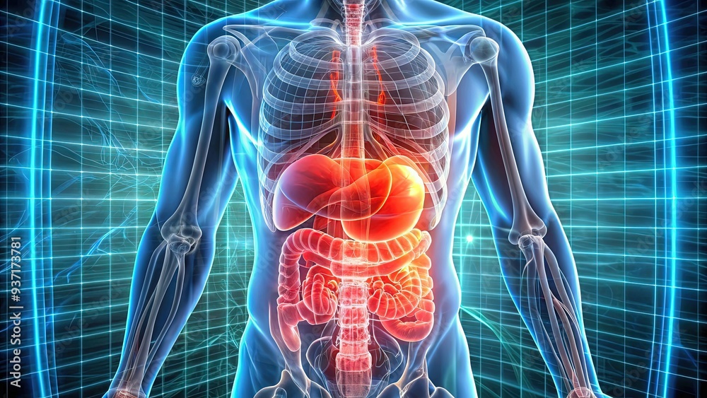 A 3D illustration of a human abdomen with a bulging hernia, highlighted ...