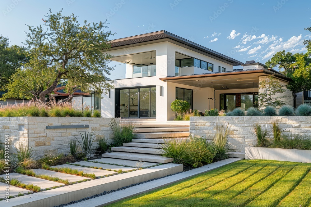 Modern farmhouse front yard with large concrete wall, white house ...