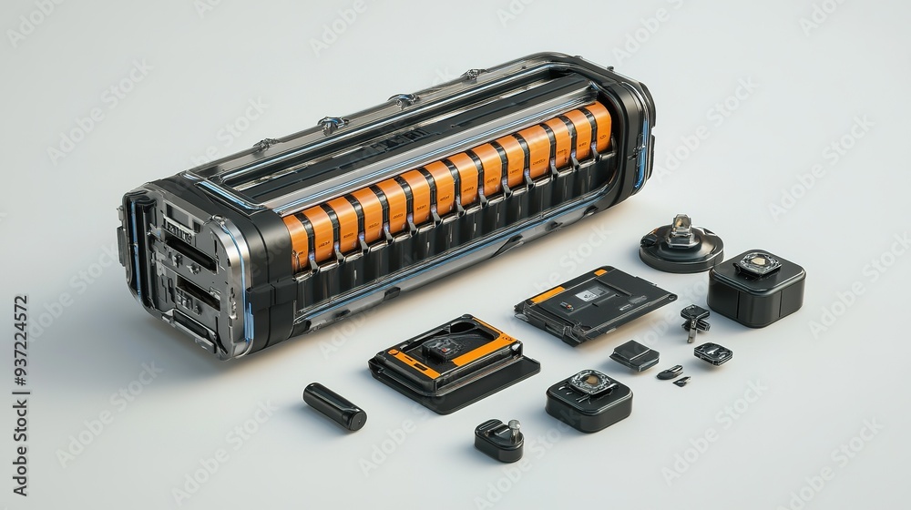 An EV battery module with cylindrical cells, depicted in a realistic ...