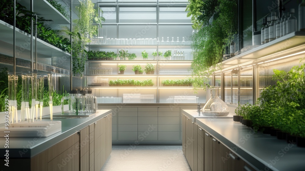 A modern lab interior featuring herbs and research tools, highlighting ...