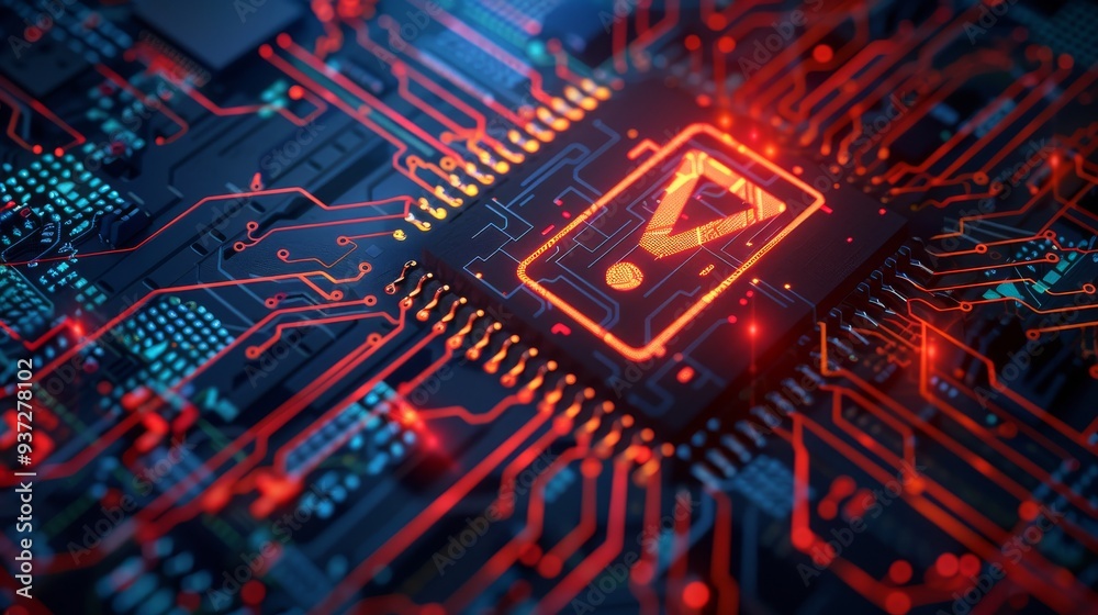 Circuit board displaying a glowing red warning symbol, representing a ...