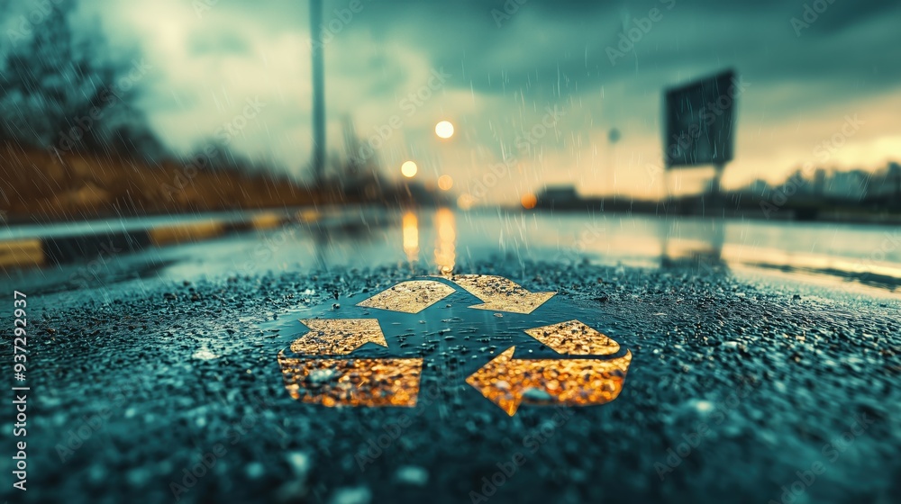 Moody Morning Reflection: Wet Asphalt Road with Highlighted Recycling ...