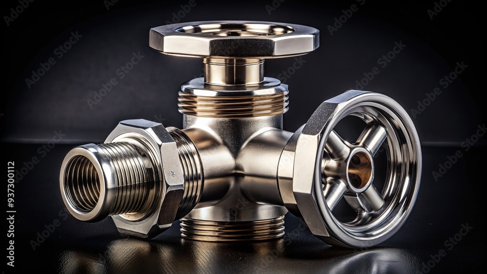 Polished chrome pipe fitting with threaded connections and valve wheels ...