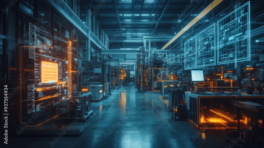 Ilustración de Stock Holographic projection of industrial products in ...