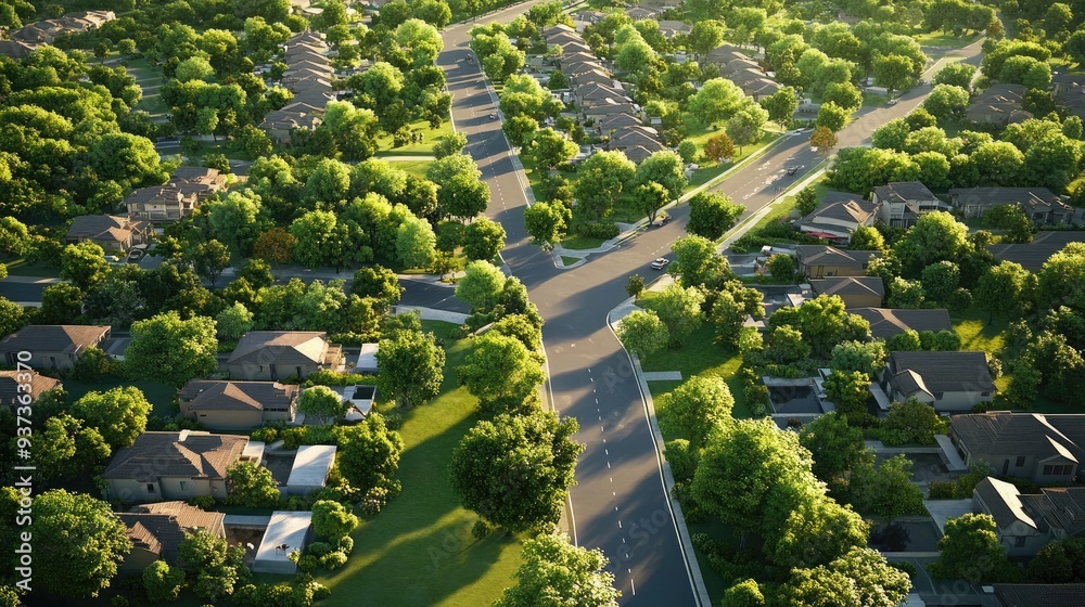 Aerial view of a green suburban neighborhood with tree-lined streets ...