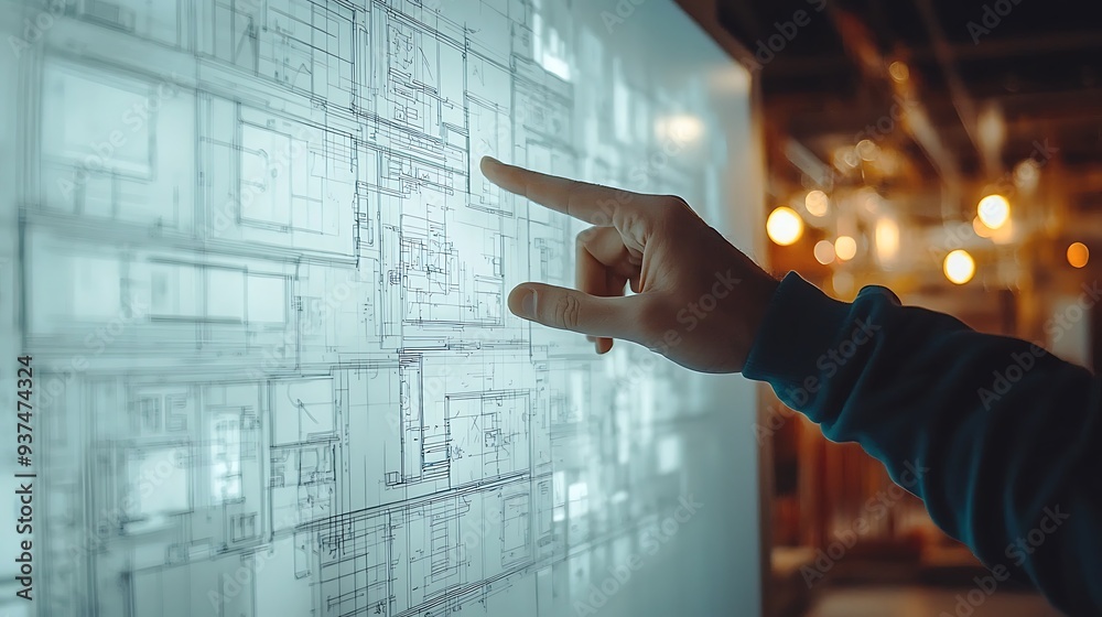 Architect presenting house plan on interactive screen, illustrating the ...