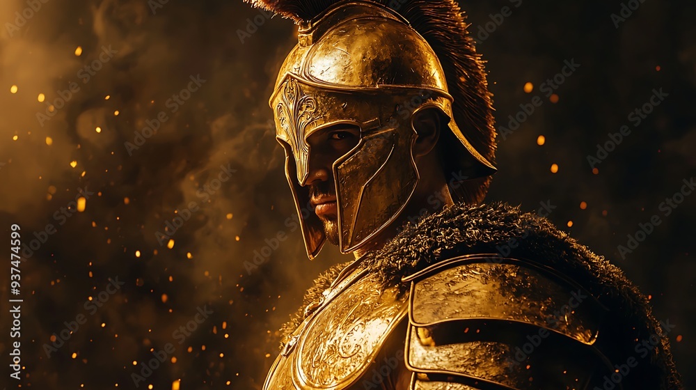 Ancient Greek warrior in golden armor with smoke and sparks, creating a ...