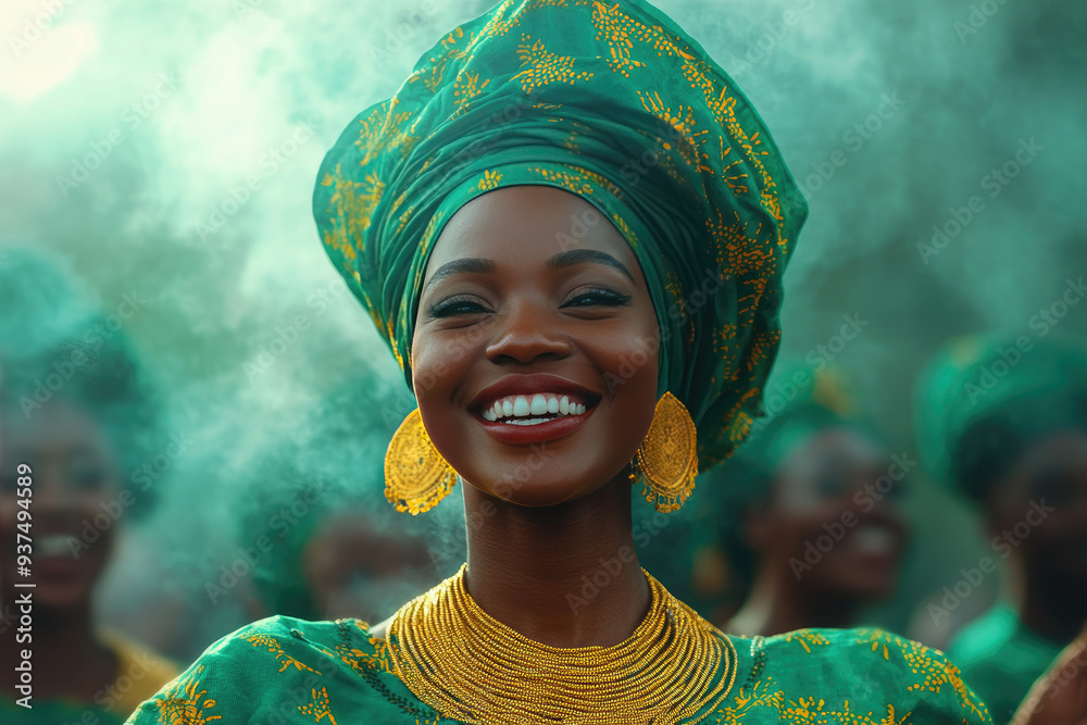 Beautiful nigerian woman smiles widely, adorned in traditional green ...