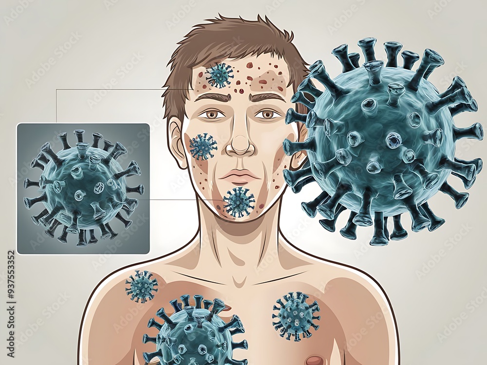 illustration depicting a human affected by monkeypox infection. The ...