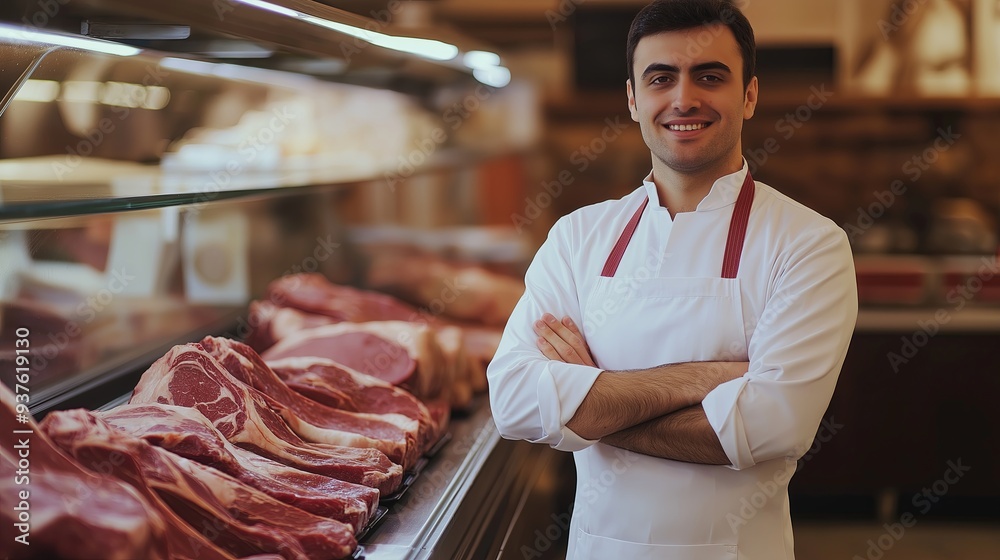 Butcher stands confidently at the meat counter, wearing an apron and a ...