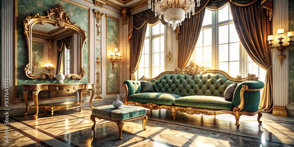 Ethereal morning light illuminates opulent velvet sofa amidst lavish ...