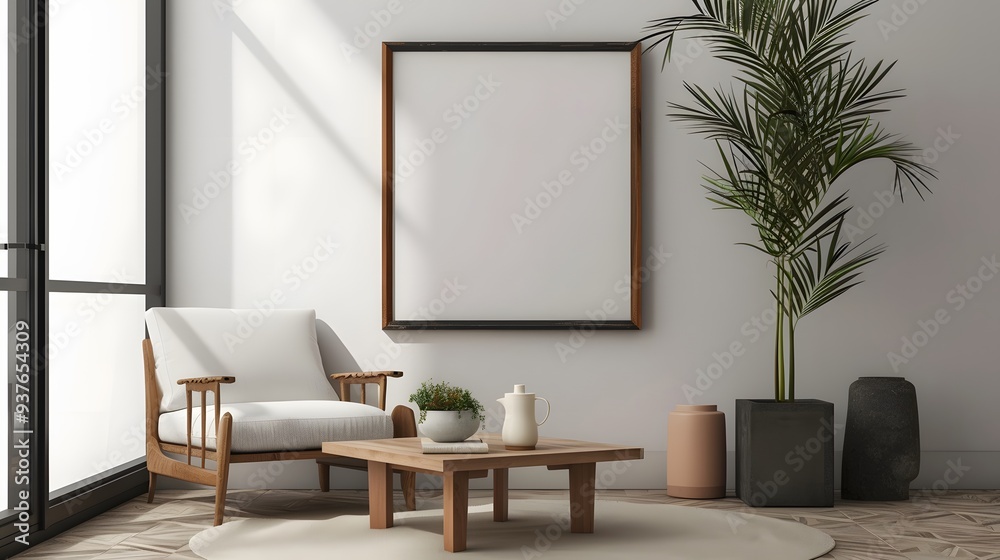 Minimalistic movie poster within a wooden frame as a focal point in a ...