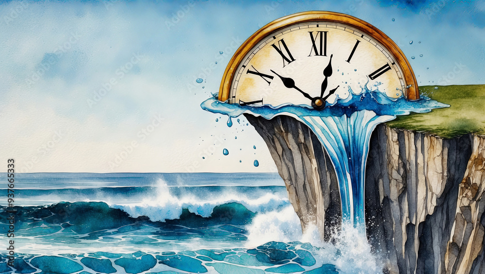 Surreal clock illustration featuring warped and elongated clock faces ...