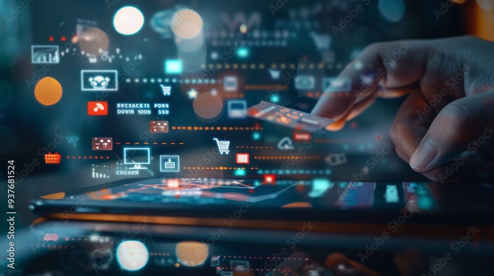 A hand hovers over a smartphone displaying a dynamic app interface ...