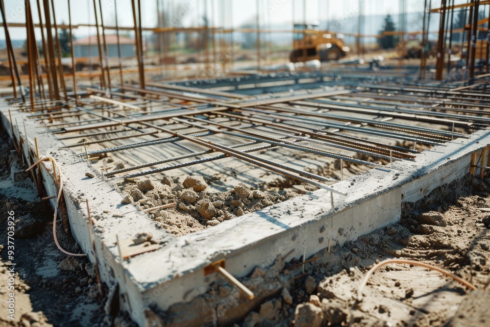 A foundation being constructed with visible rebars and concrete ...