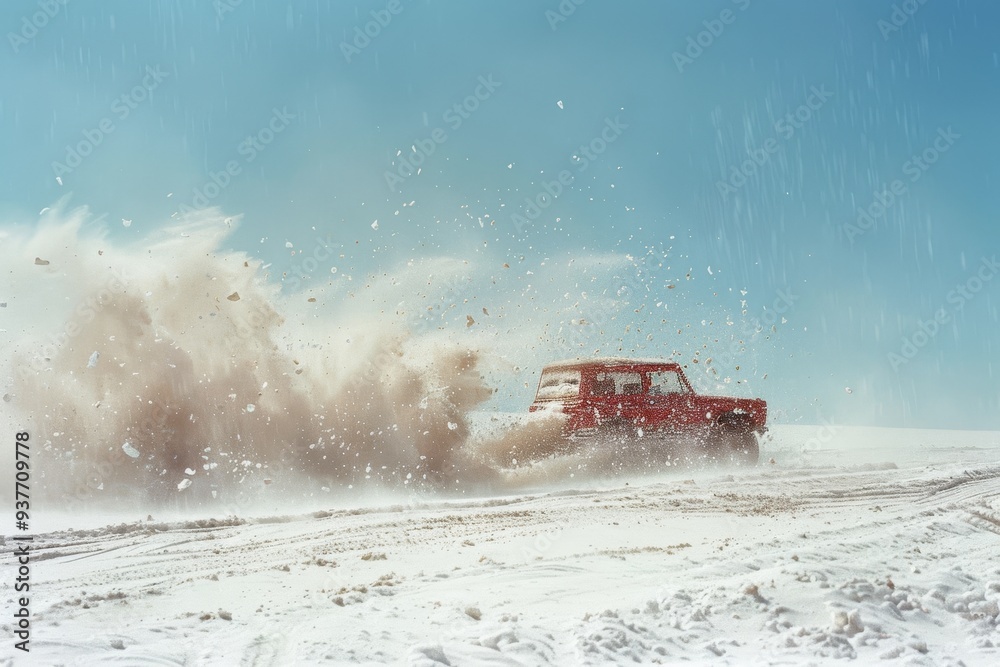 A red SUV roars across a snowy plain, throwing up a huge spray of snow ...