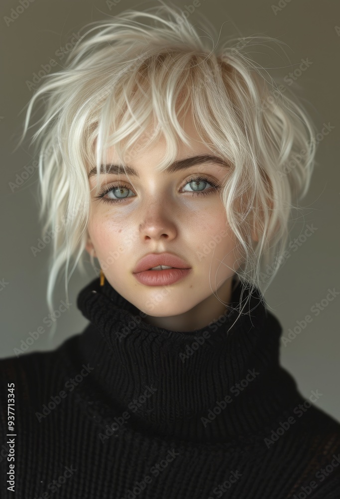 Person with short white hair, blue eyes, wearing a black turtleneck ...