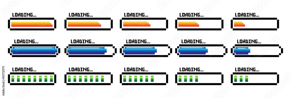 Pixel art 8-bit loading bar concept. Loading icons set.Load bar collection. loading icons on ...