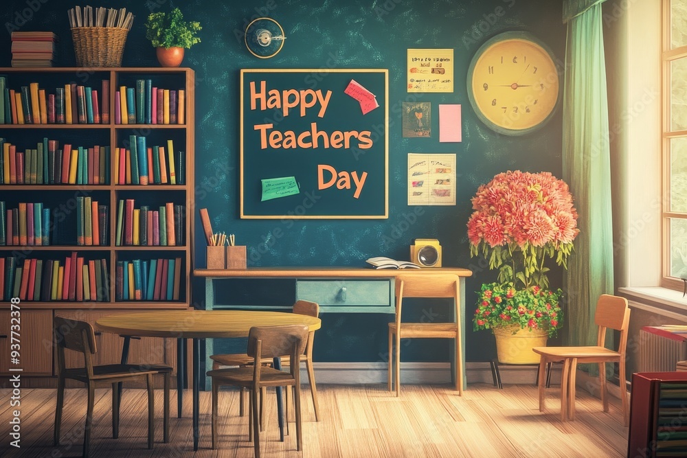 Vintage classroom interior with desks chalkboard and bookshelves retro ...