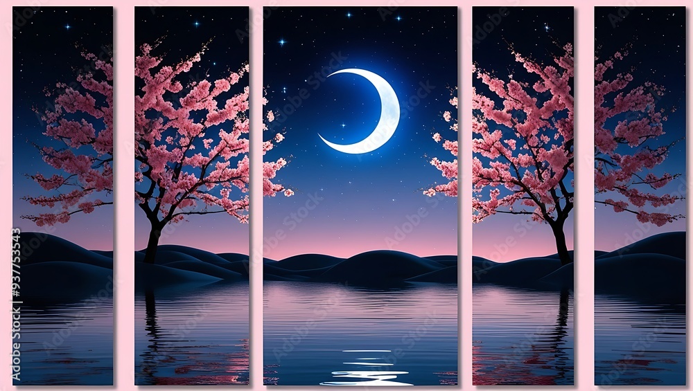 Pink cherry blossom trees under a night sky with water and crescent ...