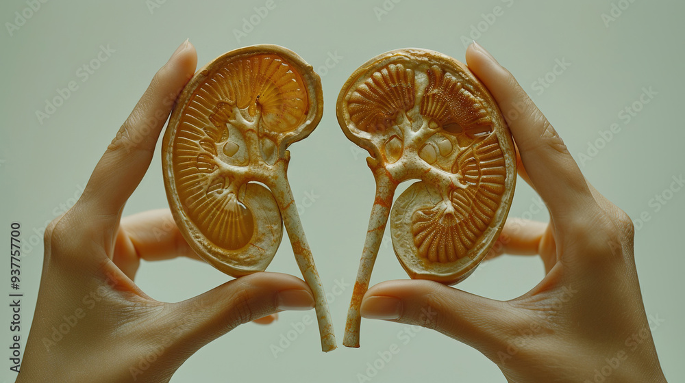 Two hands making a heart shape with a realistic human kidneys in white ...