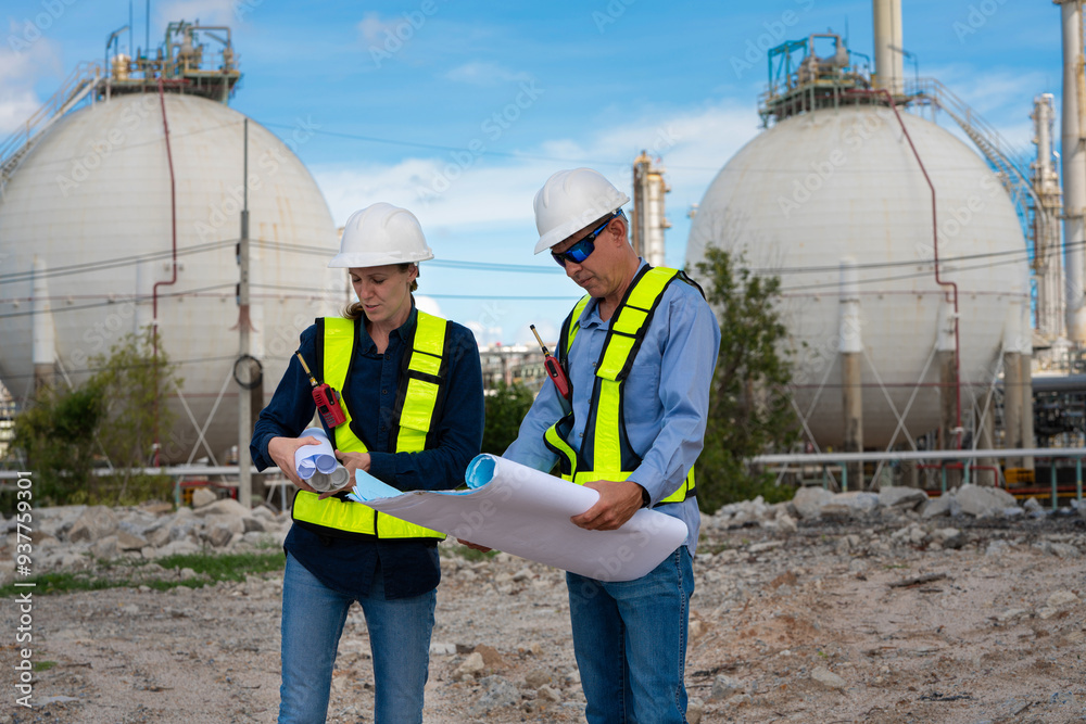 Team Petroleum chemical engineer discussion about blueprint drawings ...