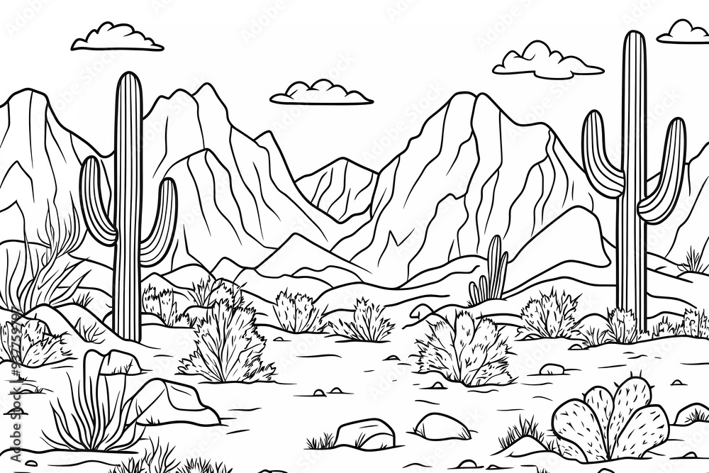 Arizona desert with cacti and mountains, simple line art coloring page ...