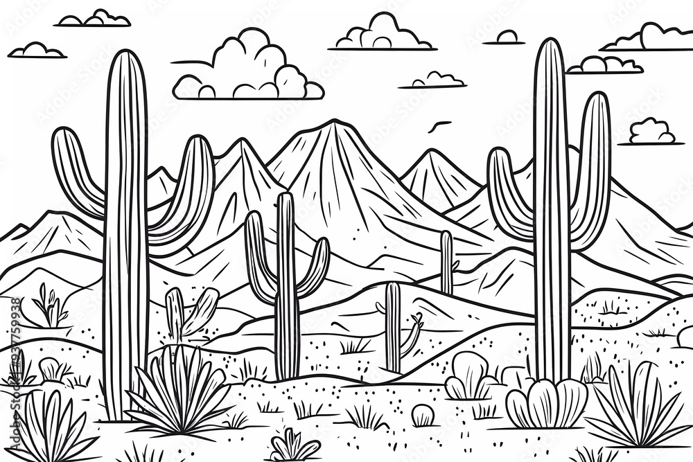 Arizona desert with cacti and mountains, simple line art coloring page ...