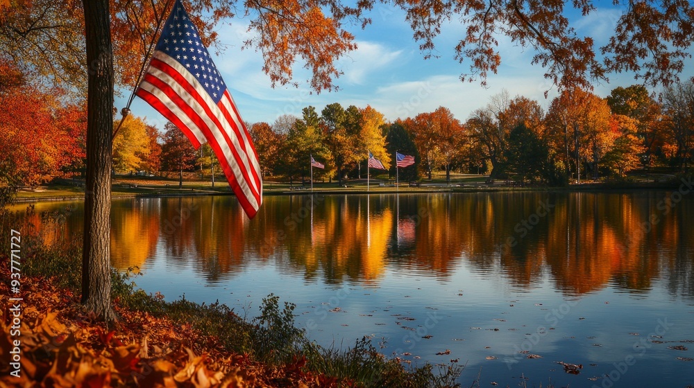 A serene autumn landscape with vibrant orange and red leaves. The ...