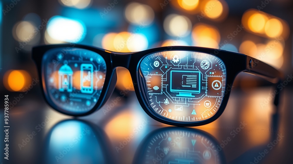 Smart glasses with digital display on lenses. Icons for phone, computer ...