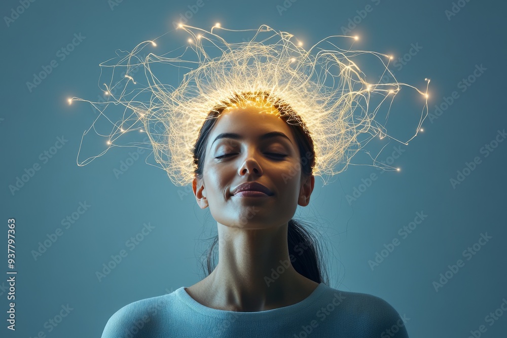Young woman in a meditative pose with neural connections glowing around ...