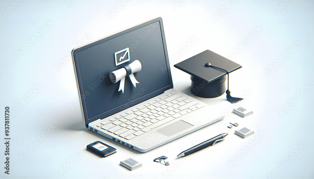 Online Education Completion: Laptop and Graduation Cap Vector Symbols ...