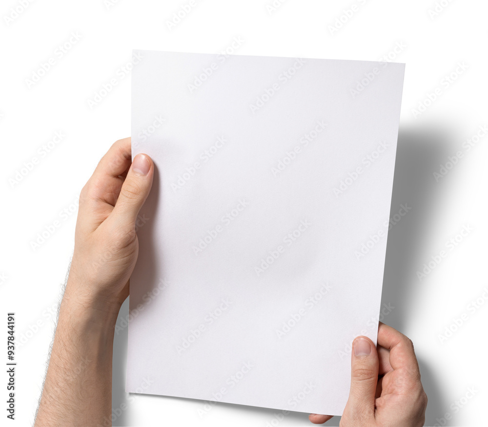 Hands grasp a blank sheet of paper at the center, highlighting the ...